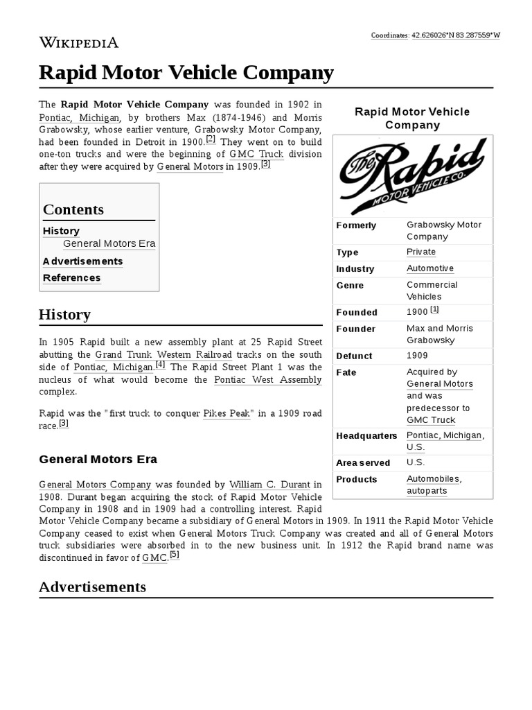 Rapid Motor Vehicle Company: History Advertisements References | PDF ...