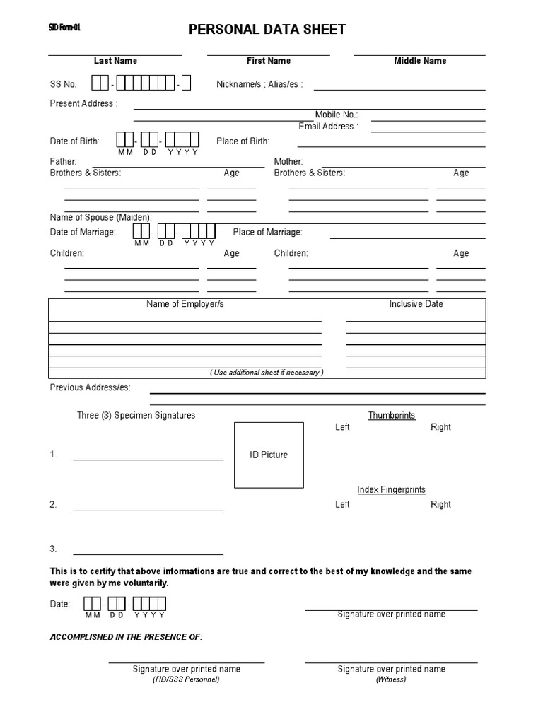 Personal Data Sheet: Last Name First Name Middle Name | PDF
