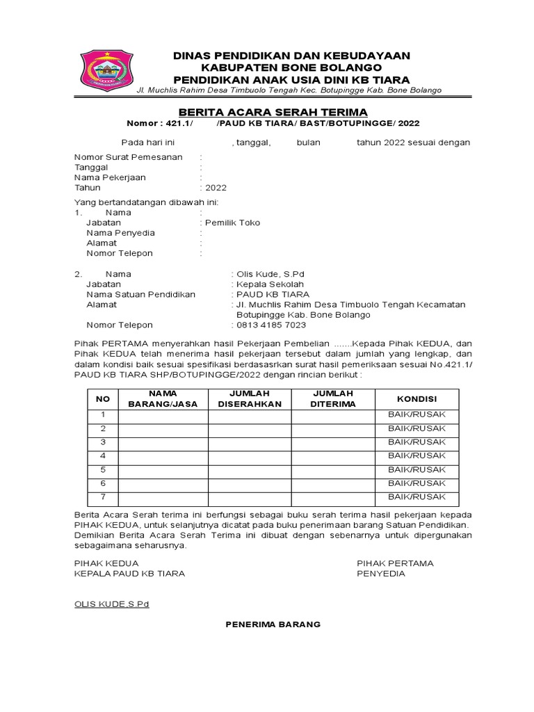 Berita Acara Serah Terima PAUD KB Tiara | PDF