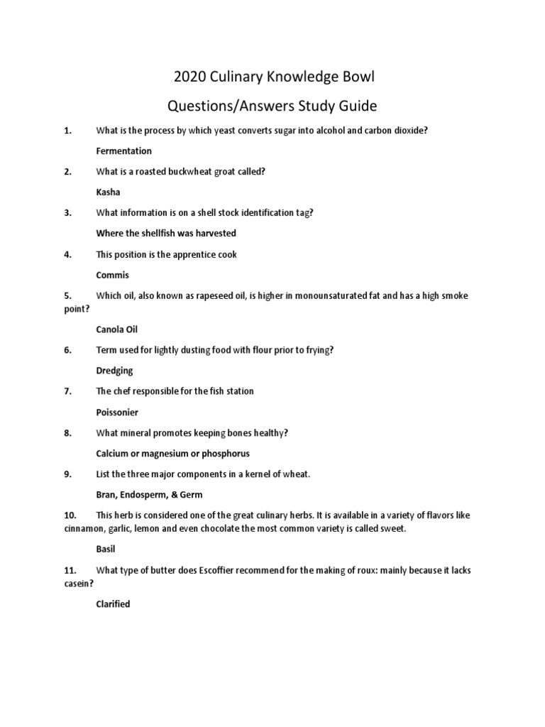 20 20 Culinary Knowledge Bowl Questions/Answers Study Guide | PDF ...