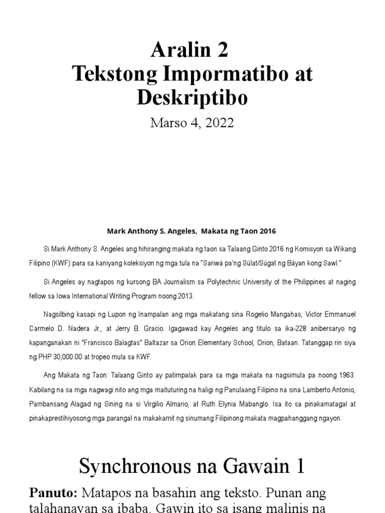 Aralin 2 - Tekstong Impormatibo at Deskriptibo | PDF