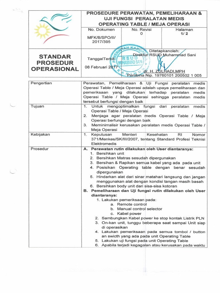 SOP Uji Fungsi Meja Operasi | PDF