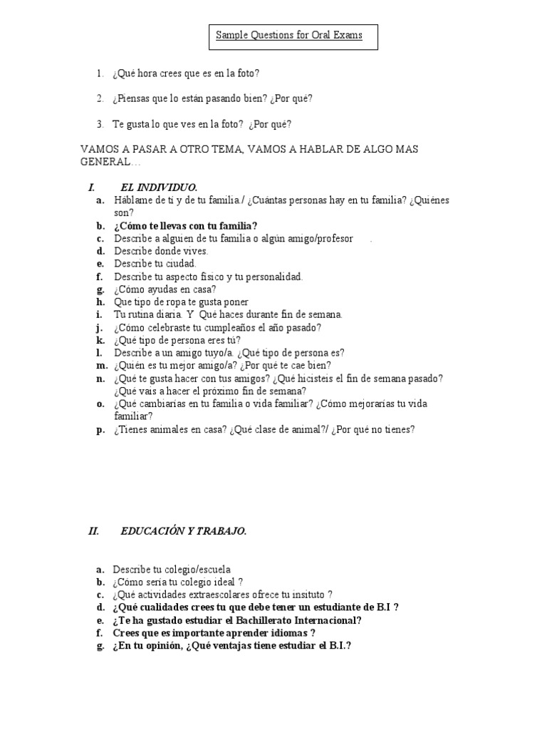 Preguntas para Exámenes Orales de Español | PDF