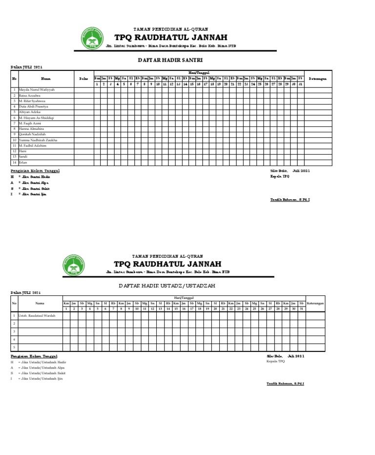 Daftar Hadir Santri | PDF