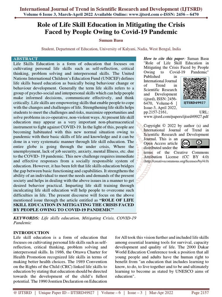 Role of Life Skill Education in Mitigating The Crisis Faced by People ...