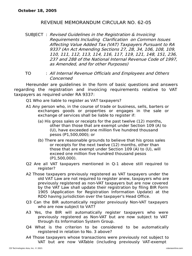 Revenue Memorandum Circular No. 62-05: Subject | PDF | Value Added Tax | Invoice