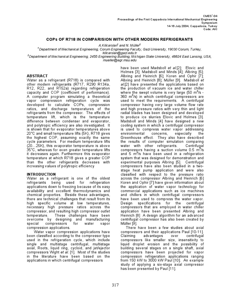 COPs OF R718 IN COMPARISION | PDF | Refrigeration | Physical Quantities