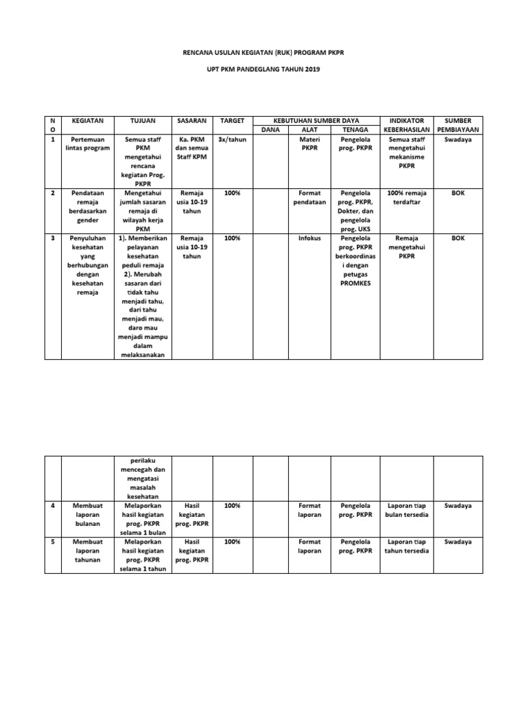 Rencana Kegiatan Program PKPR 2019 | PDF