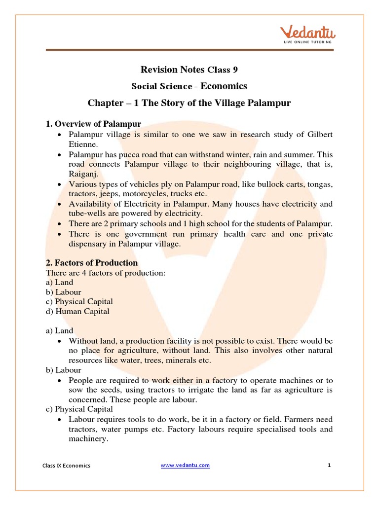 CBSE Class 9 Economics Chapter 1 Notes - The Story of Village Palampur ...