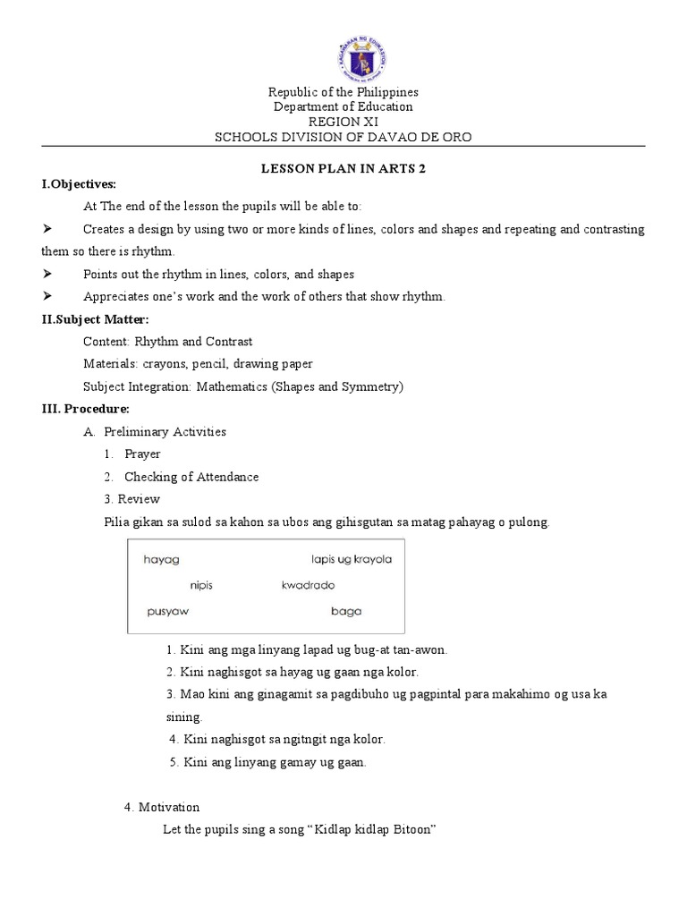 Lesson Plan in Arts 2 I.Objectives | PDF | Pedagogy | Behavior Modification