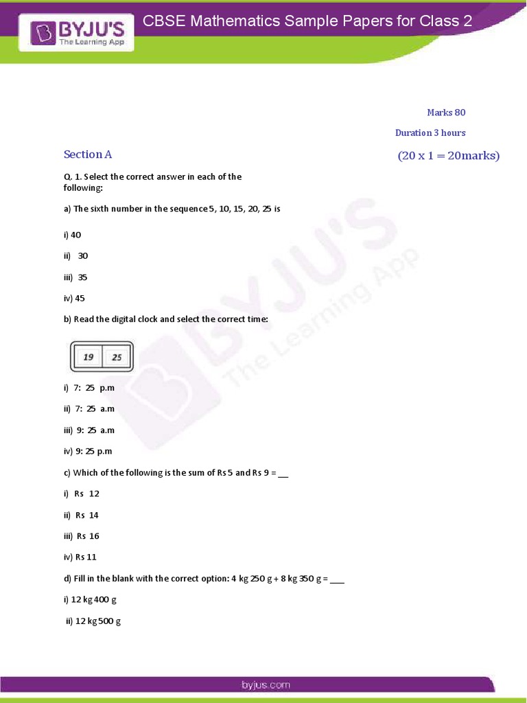 CBSE Sample Paper For Class 2 Maths Er | PDF | Division (Mathematics ...