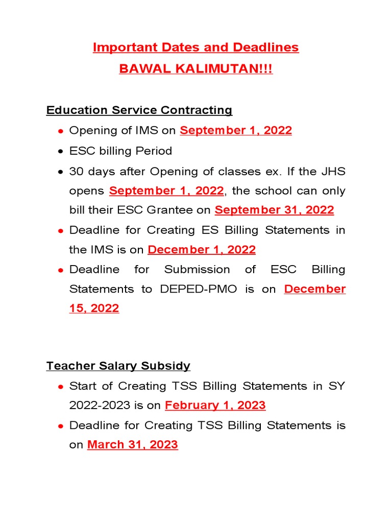 Important Dates and Deadlines | PDF