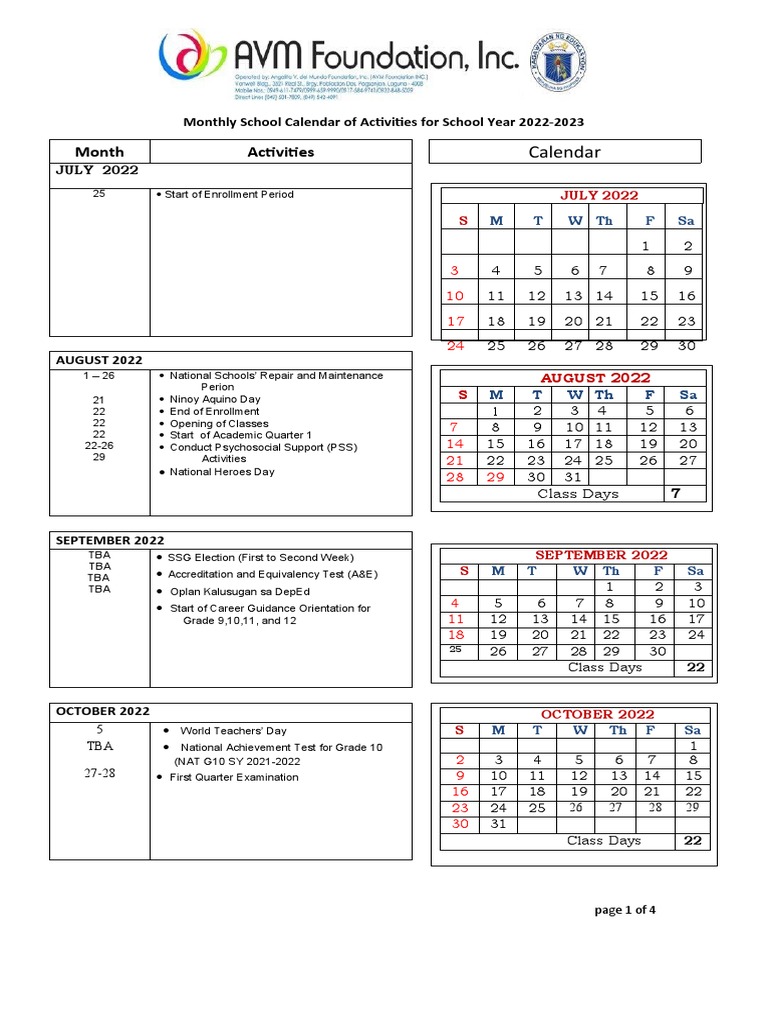 2022-2023 School Activities Calendar | PDF | Observances | Public Holiday