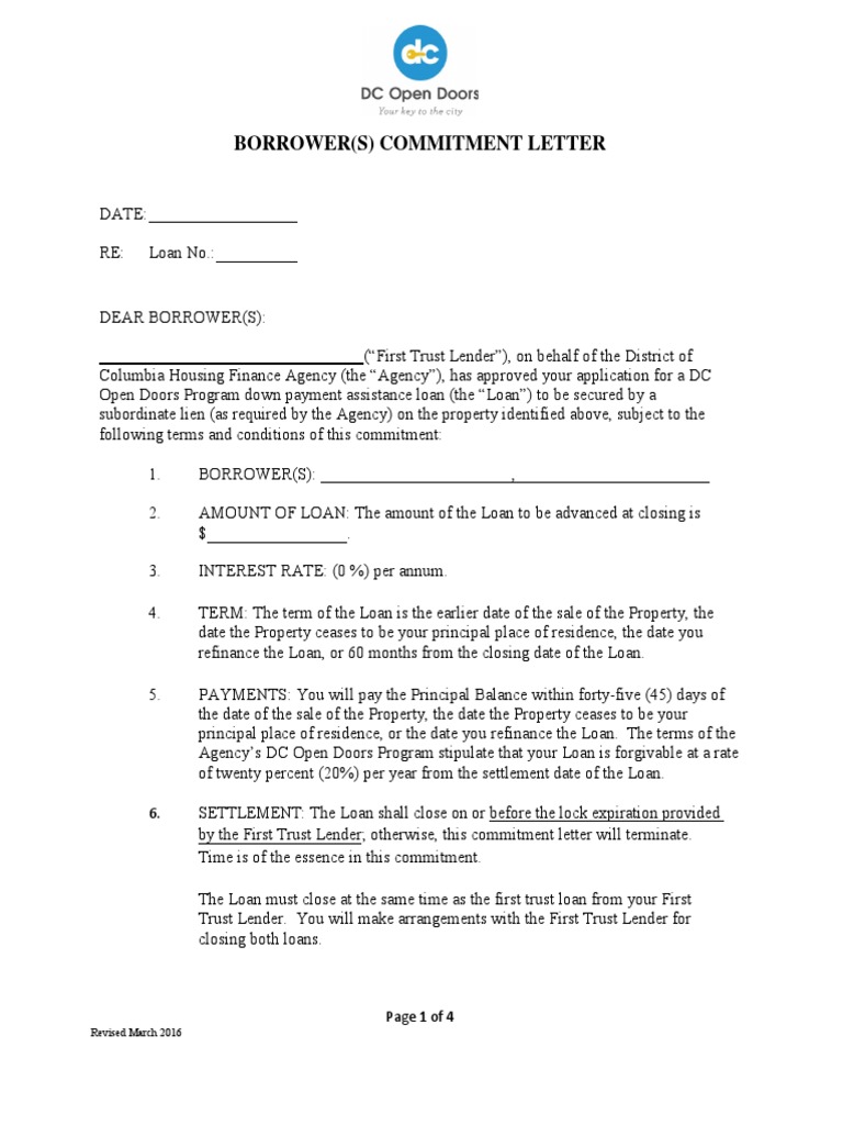 Borrower (S) Commitment Letter: Revised March 2016 | PDF | Loans ...