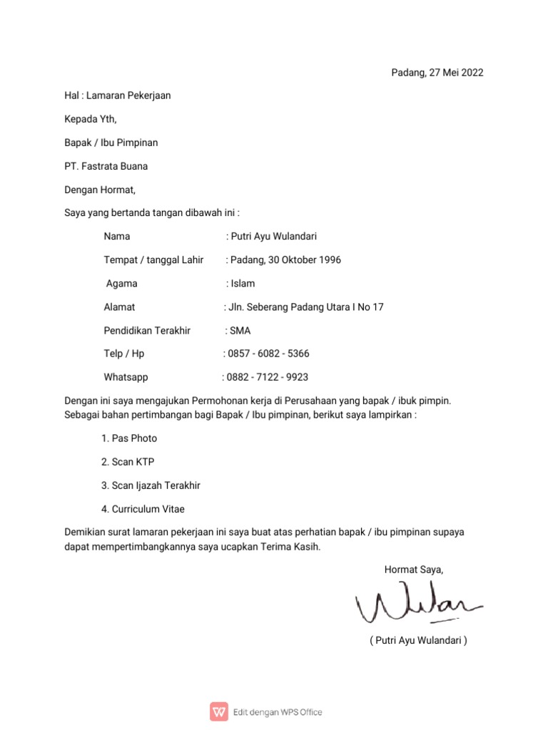 Lamaran Kerja Fastrata Buana | PDF