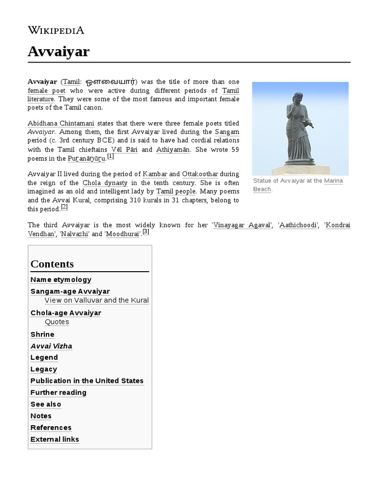 Avvaiyar: Avvaiyar (Tamil: ஔைவயா) was the title of more than one | PDF ...