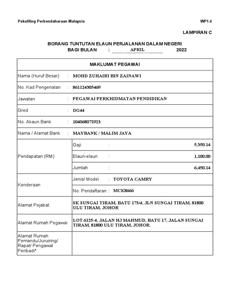 Borang Tuntutan Perjalanan - Lantikan | PDF