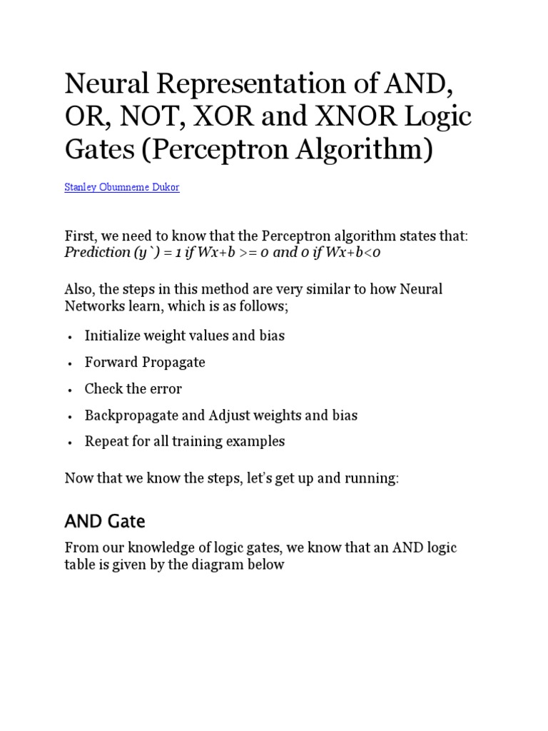 Neural Representation Of And Or Not Xor And Xnor Logic Gates Perceptron Algorithm Pdf 4781