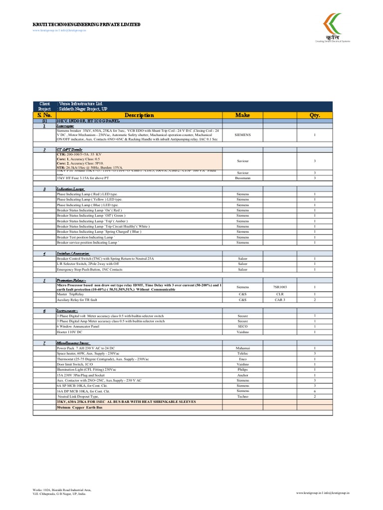 S. No. Description Make Qty.: Client: Vensa Infrastructure Ltd. Project ...