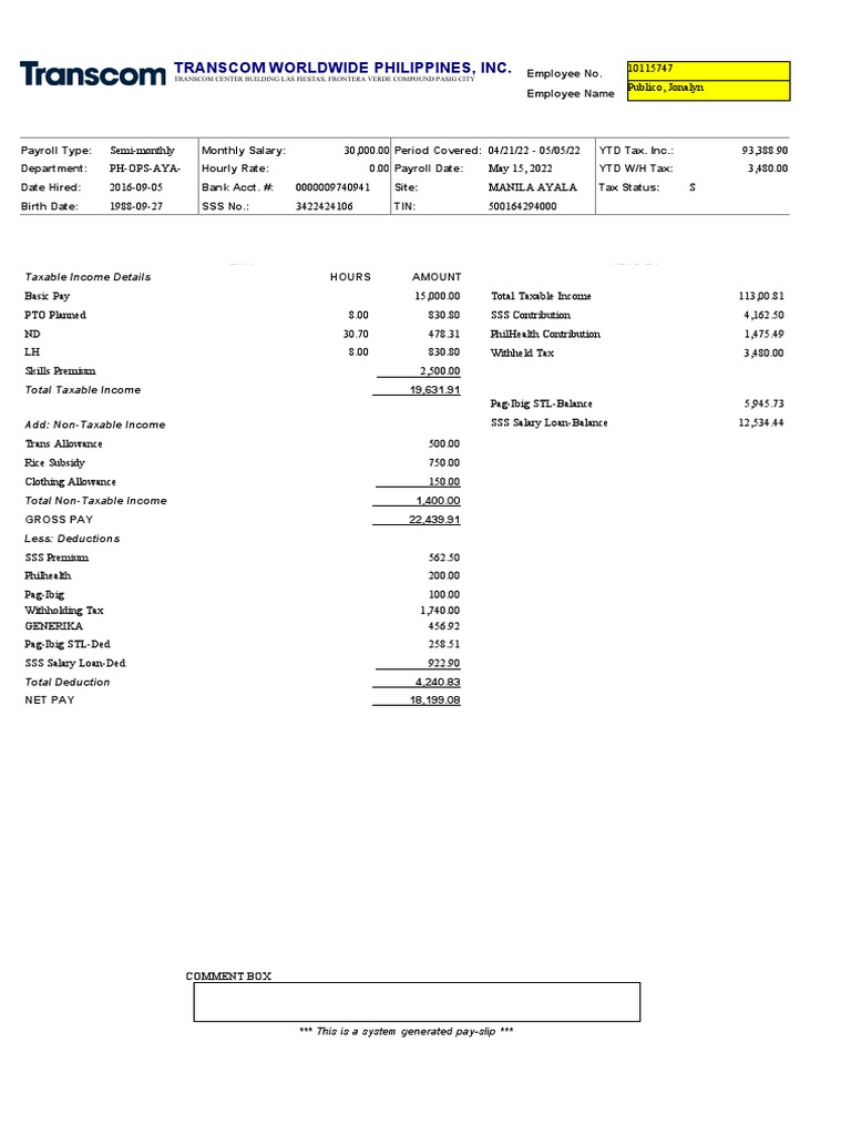 Transcom Worldwide Philippines, Inc.: Taxable Income Details | PDF ...