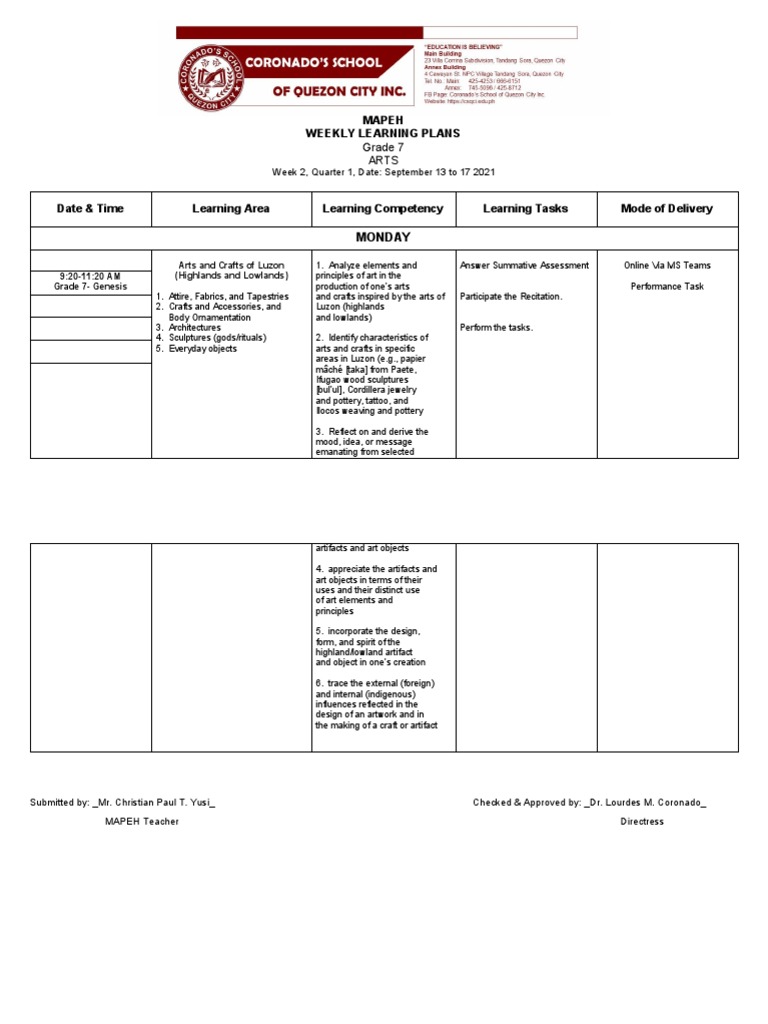 Mapeh Weekly Learning Plans: Grade 7 Arts | PDF | Modern Art ...