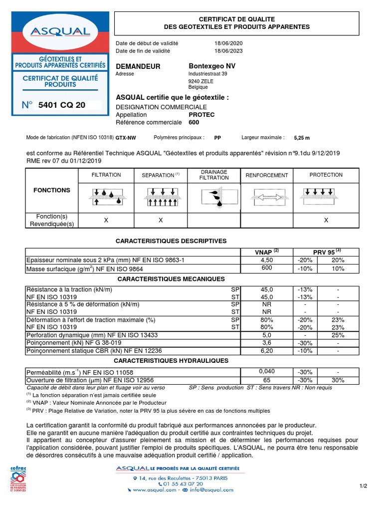 Certification Géotextile PROTEC 600 ASQUAL | PDF