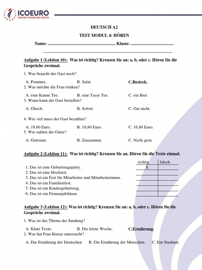 A2 Leseverstehen Test