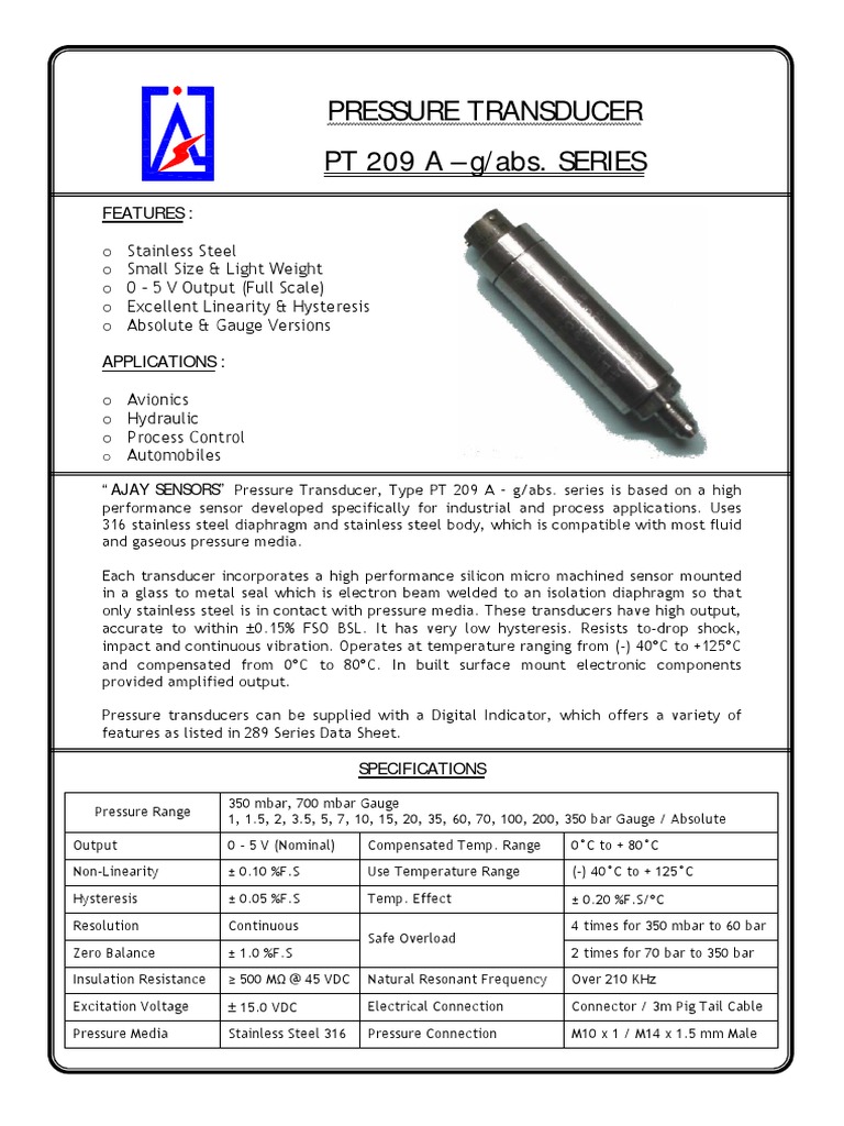 PT209 Pressure Sensor | PDF | Sheet Metal | Electrical Engineering
