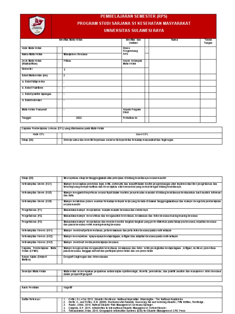 SUDAH ADA RPS Manajemen Bencana | PDF