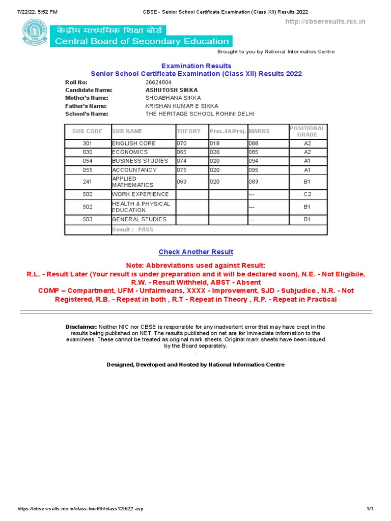 CBSE - Senior School Certificate Examination (Class XII) Results 2022 ...