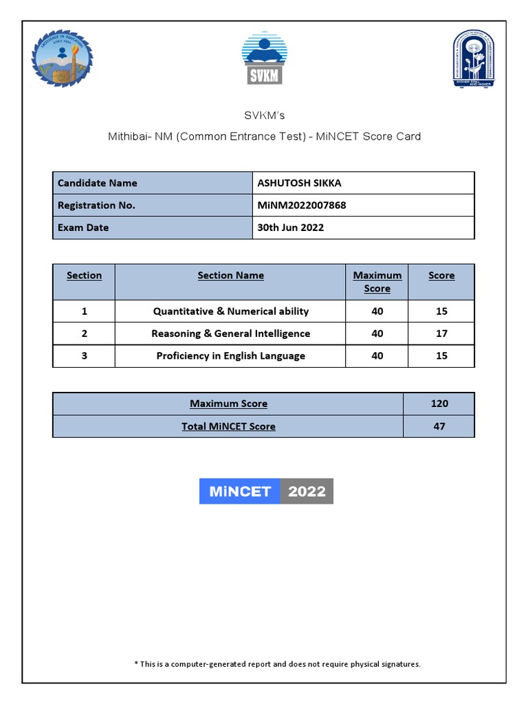 SVKM'S Mithibai-Nm (Common Entrance Test) - Mincet Score Card | PDF