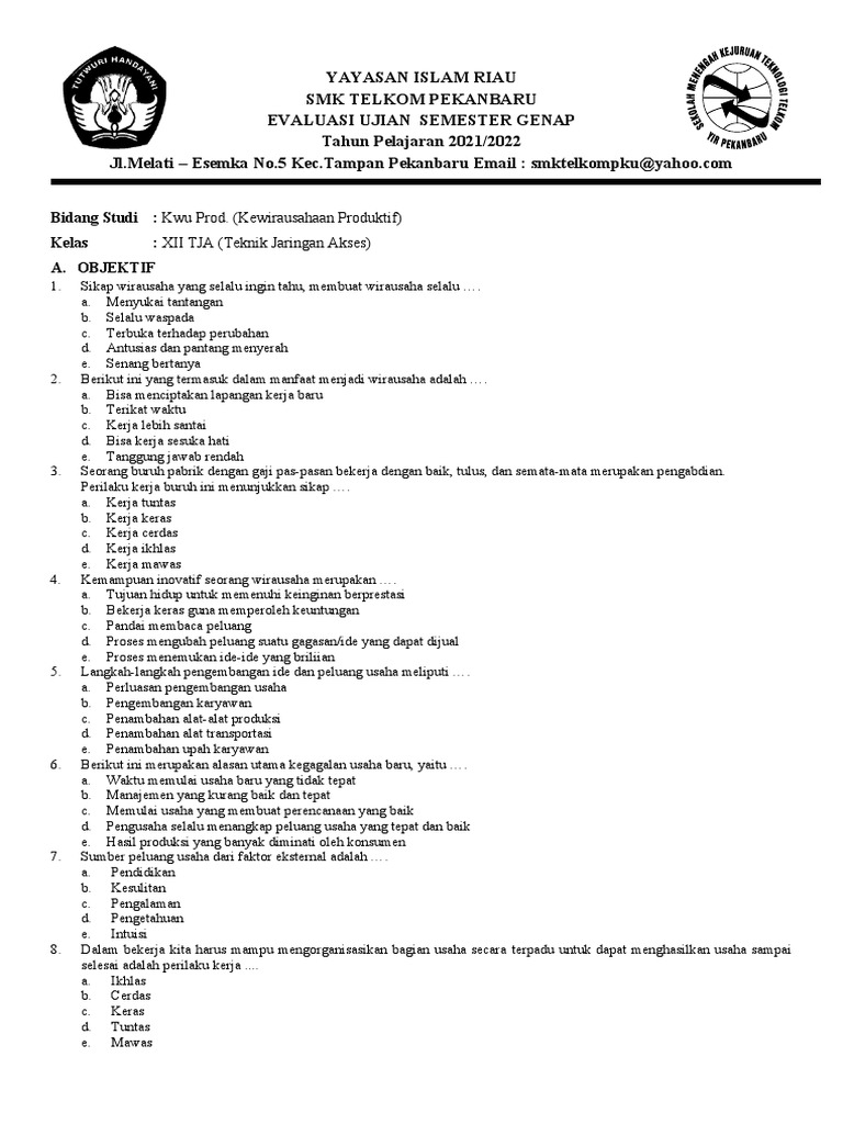 Evaluasi Ujian Kewirausahaan SMK Telkom | PDF