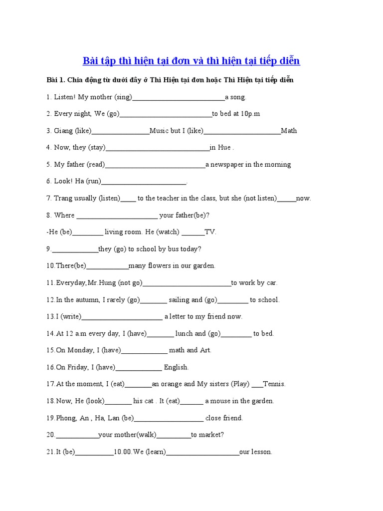 Bai Tap Thi Hien Tai Don Va Thi Hien Tai Tiep Dien | PDF