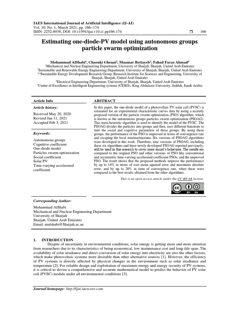 Estimating one-diode-PV Model Using Autonomous Groups Particle Swarm Optimization | PDF ...