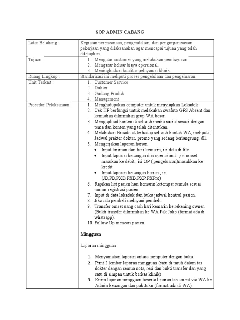 SOP Admin Cabang | PDF