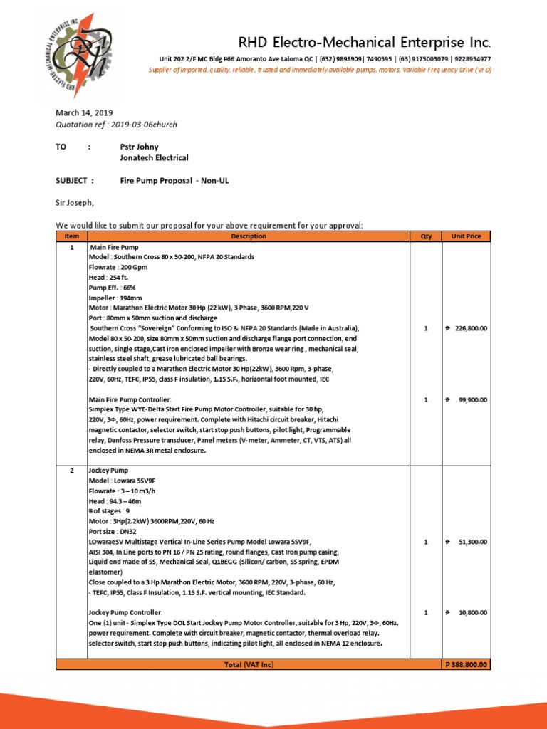 Fire Pump Quotation Ul | PDF | Pump | Electric Motor