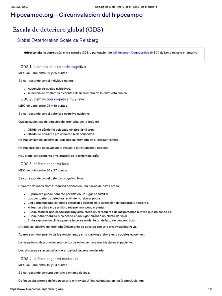 Escala de Deterioro Global (GDS) de Reisberg | PDF | Memoria | Ansiedad