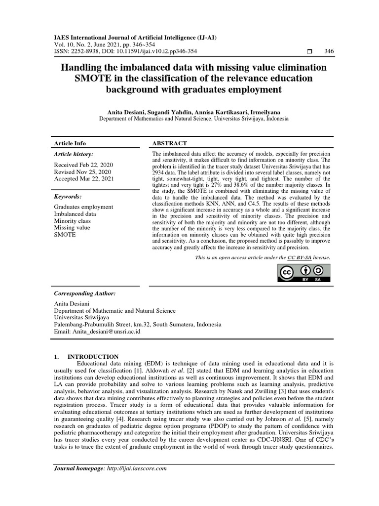 Handling The Imbalanced Data With Missing Value Elimination SMOTE in The Classification of The ...