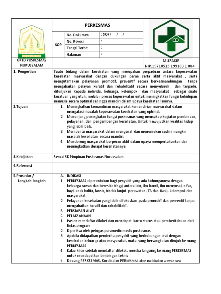 SOP Pelayanan PERKESMAS Puskesmas Nurussalam | PDF