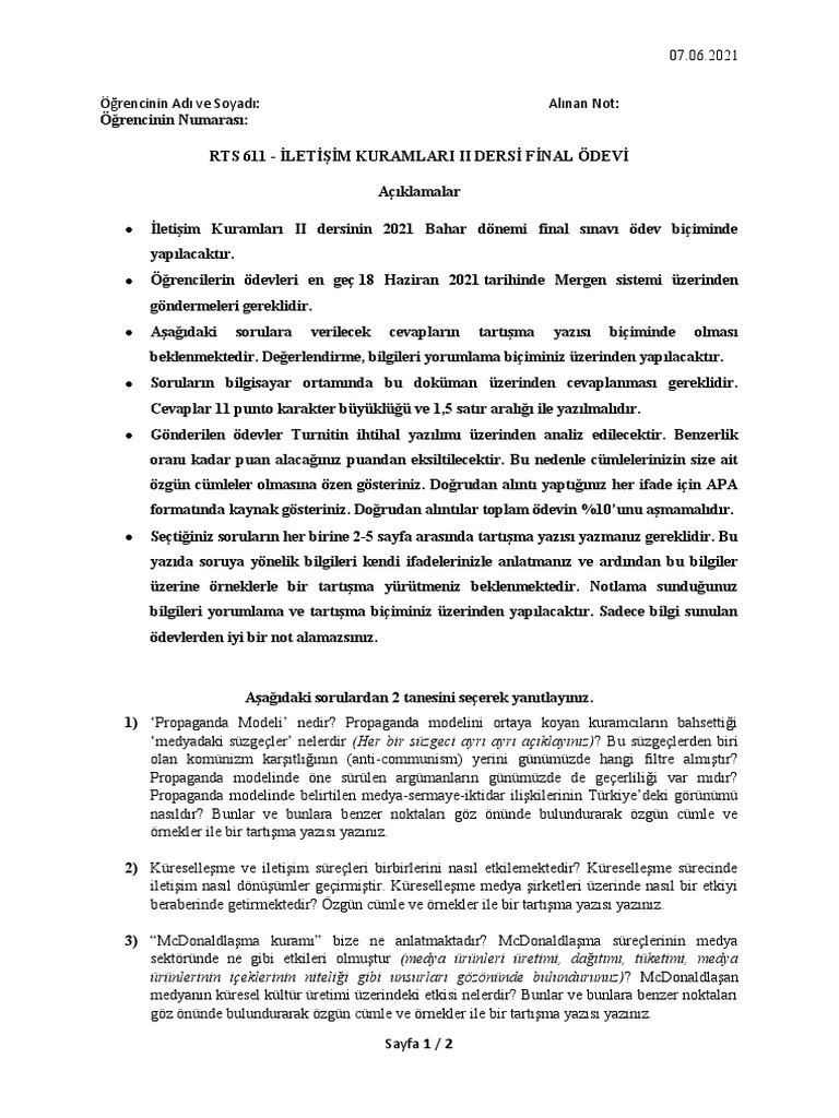 İletişim Kuramları II 2021 Bahar FİNAL | PDF