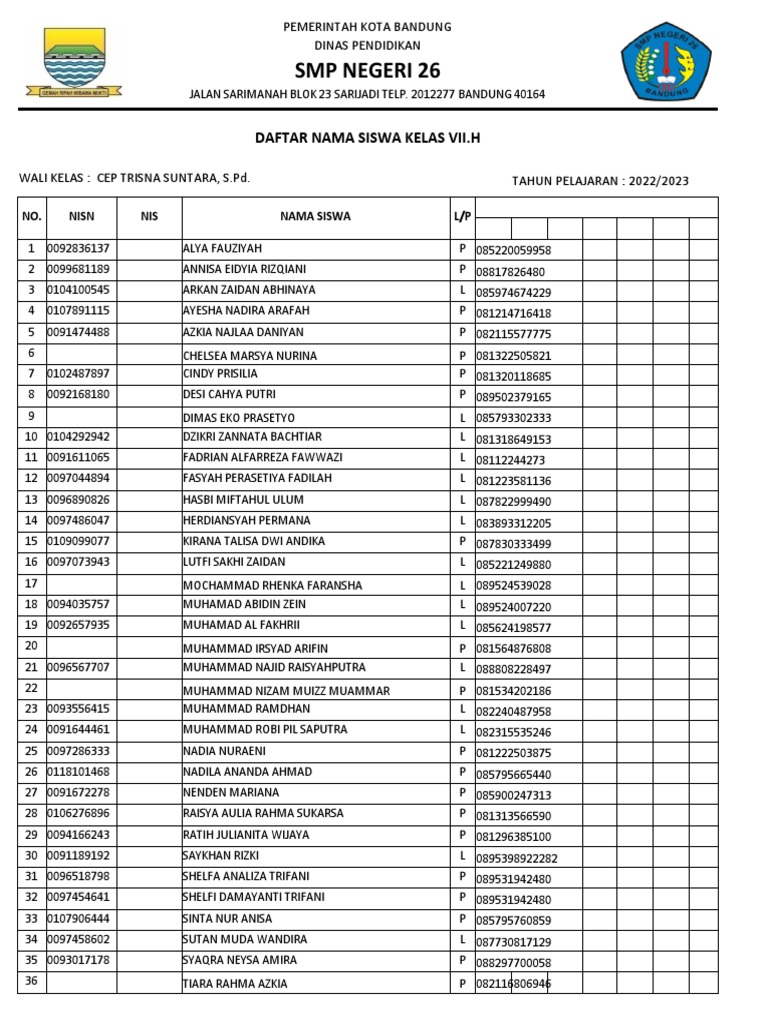 Absen Kelas 7H TP 2022-2023 SMPN 26 | PDF