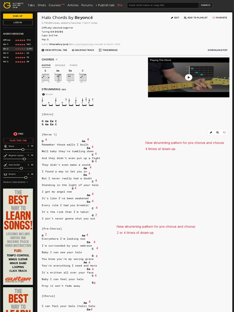 HALO CHORDS (Ver 2) by Beyoncé @ | PDF | Song Structure | Guitars