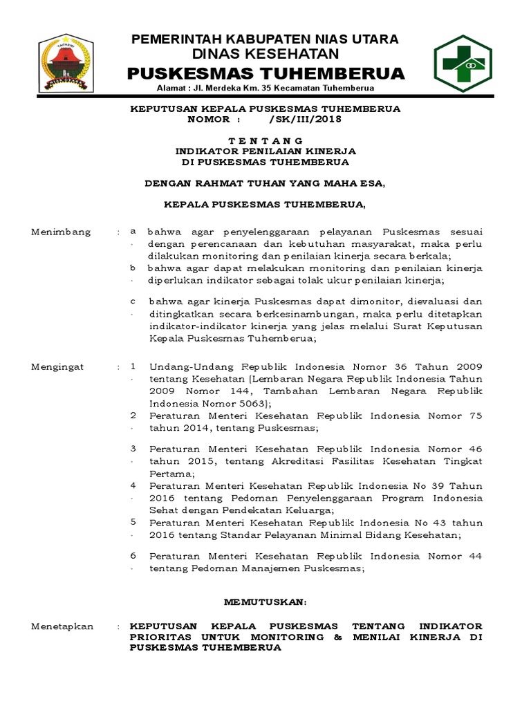 SK Kepala Puskesmas Tentang Penetapan Indikator Kinerja | PDF