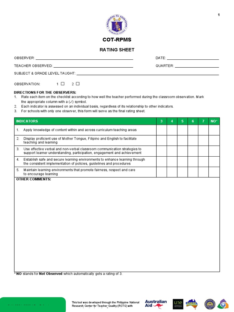 Appendix 3C COT RPMS Rating Sheet For T I III For SY 2021 2022 in The ...
