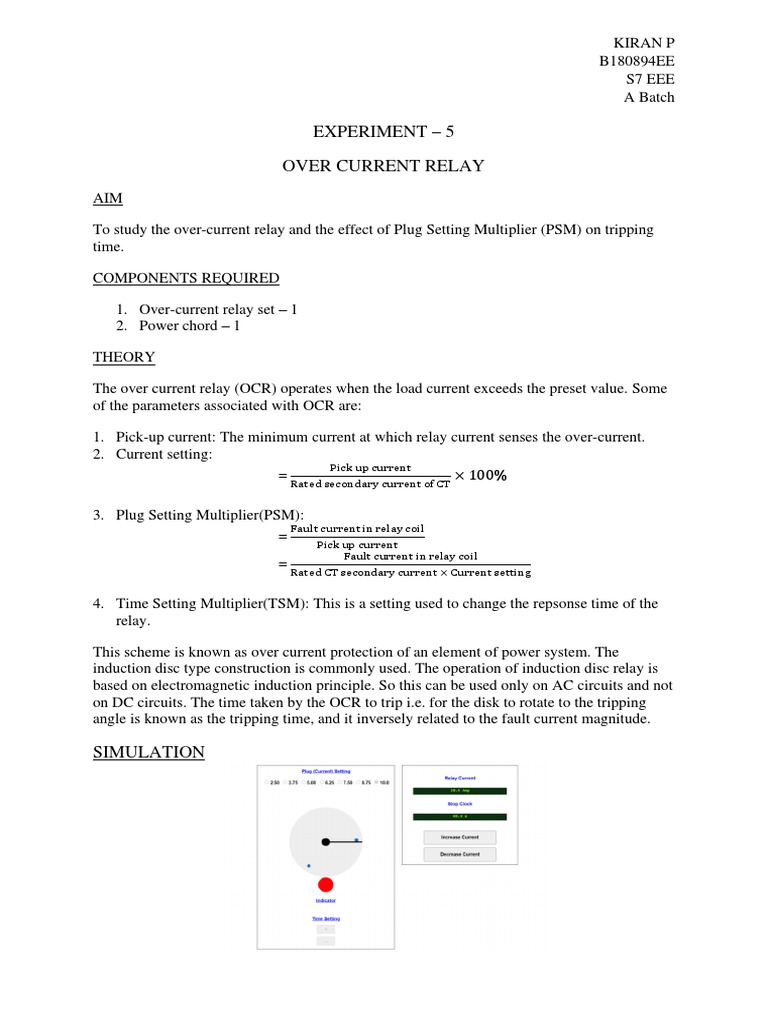 Experiment - 5 Over Current Relay: Pick Up Current Rated Secondary ...
