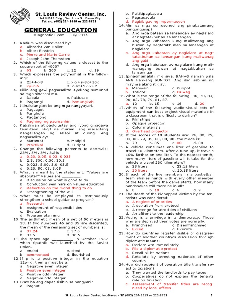 Pretest - July 2014 - General Education (Answer Key) | PDF | Chemistry ...
