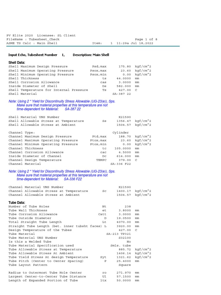 Shell Data:: Input Echo, Tubesheet Number 1, Description: Main Shell ...