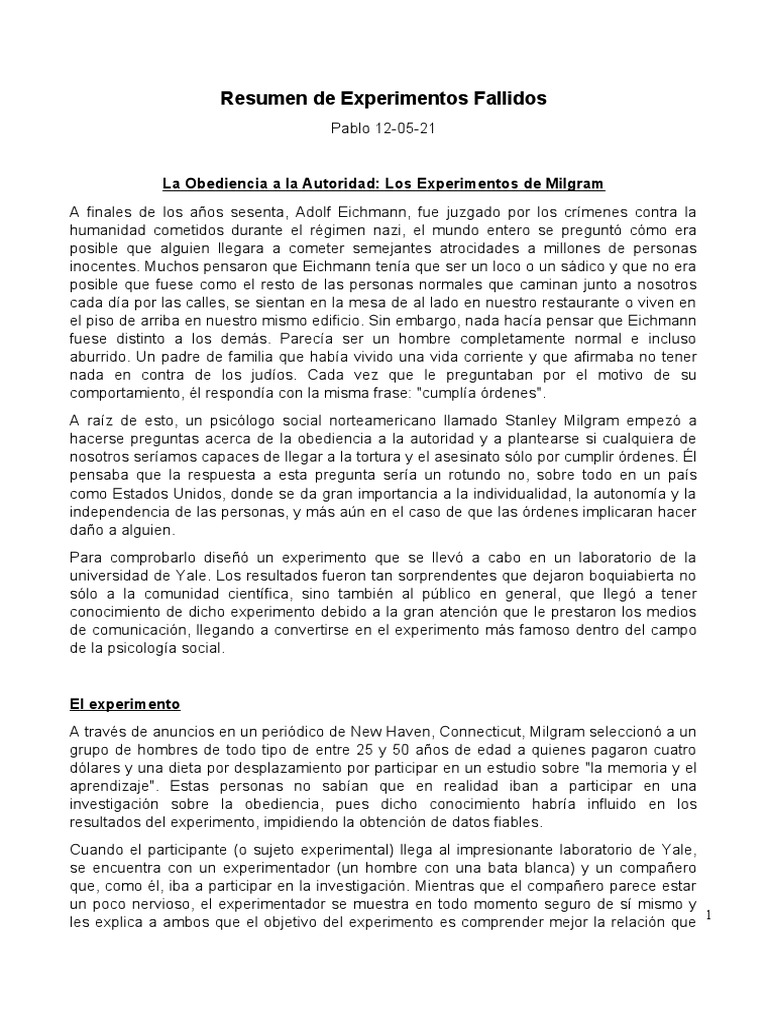 Resumen de Experimentos Fallidos 12-05-21 | PDF | Sicología