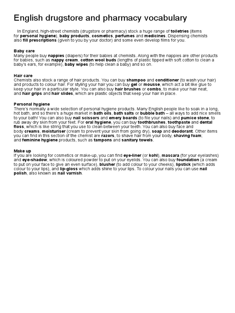 English Pharmacy Vocabulary Guide | PDF