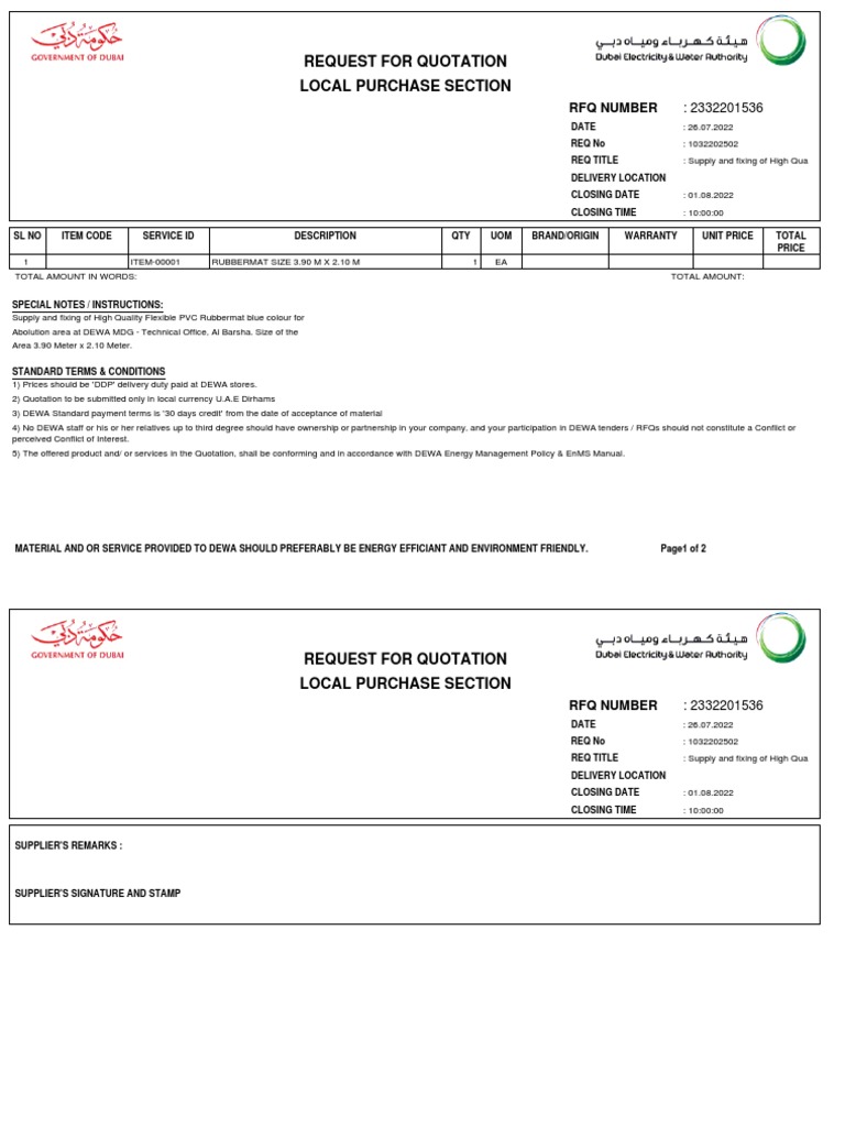 Request For Quotation Local Purchase Section: RFQ Number | PDF ...